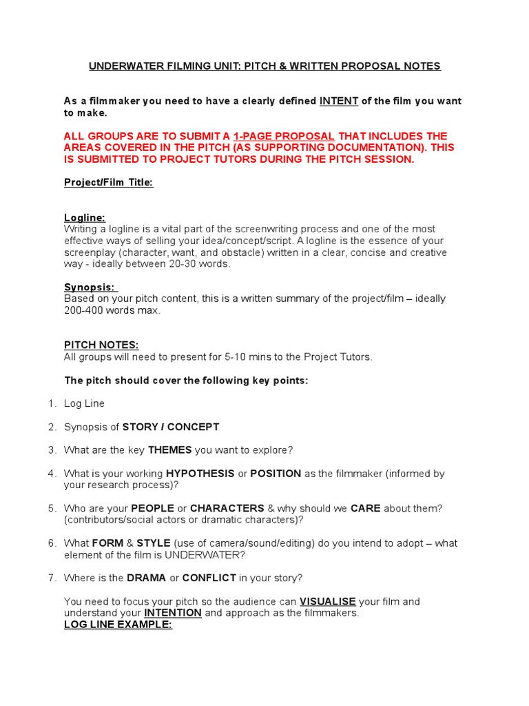 Dive - Film Pitch Proposal Notes | PDF | Filmmaking | Screenwriting