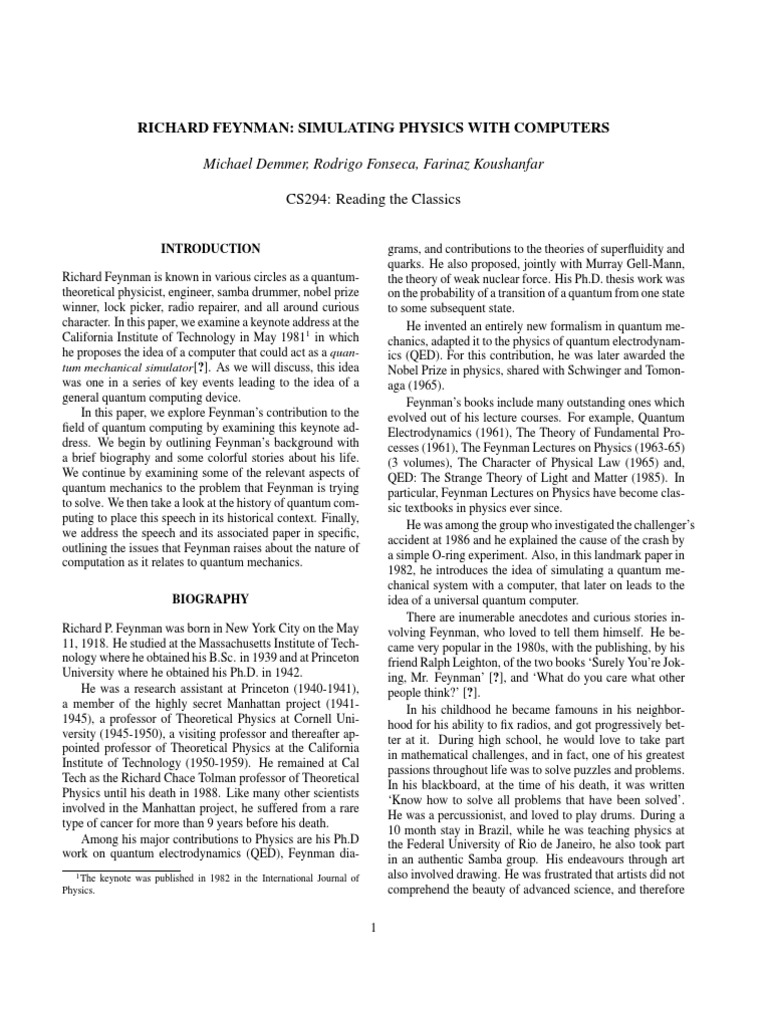 Richard Feynman: Simulating Physics With Computers | PDF | Quantum Entanglement | Quantum Mechanics