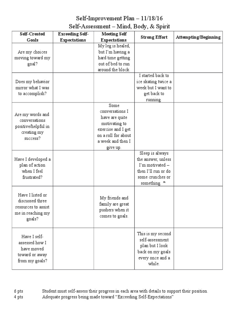 Self-Improvement Plan Assessment Guide | PDF