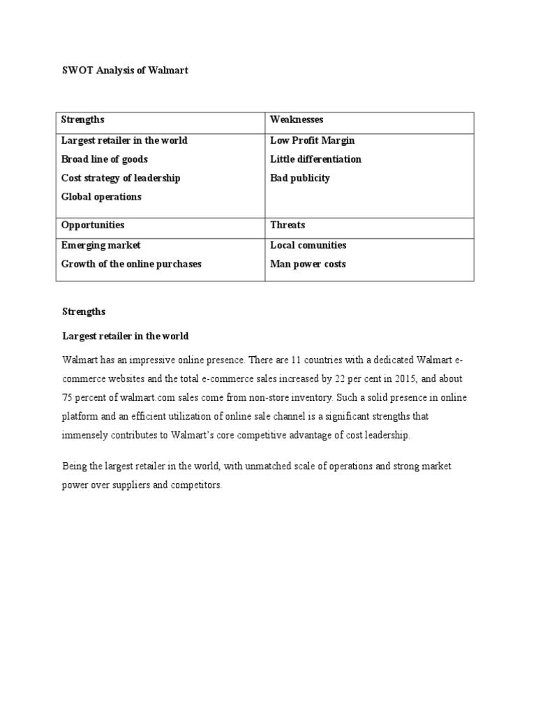 SWOT Analysis of Walmart | PDF | Fair Labor Standards Act | Walmart
