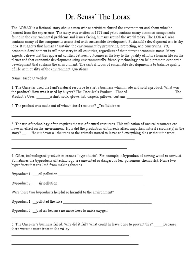 The Lorax: Lessons on Sustainability | PDF | Sustainability ...