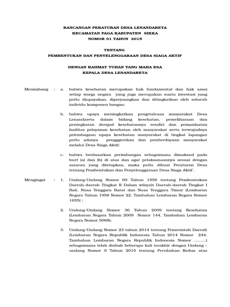 Contoh Perdes Desa Siaga (Lenandareta) | PDF