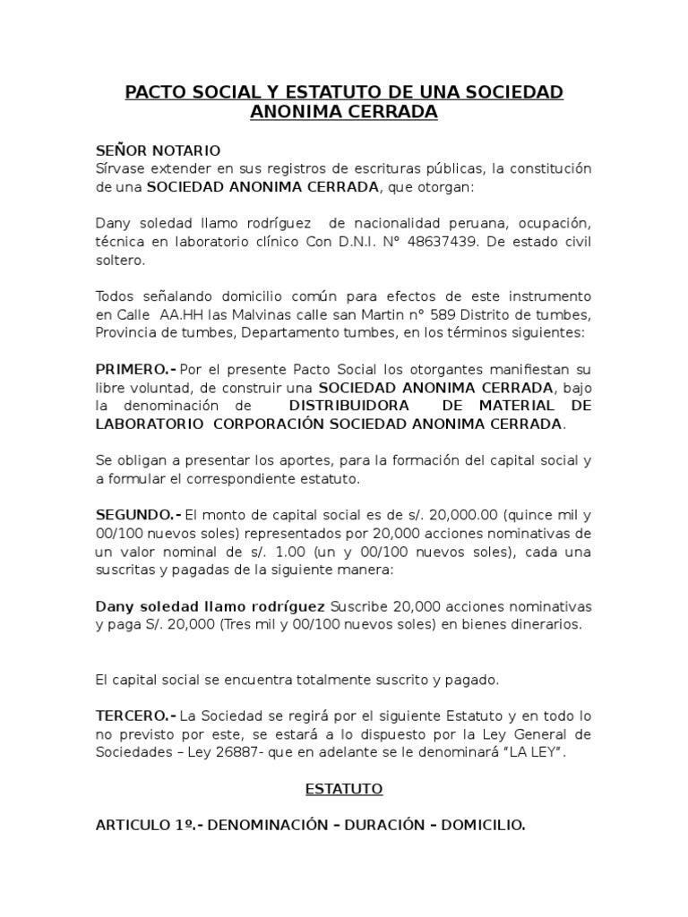 Pacto Social y Estatuto de Una Sociedad Anonima Cerrada | Liquidación ...