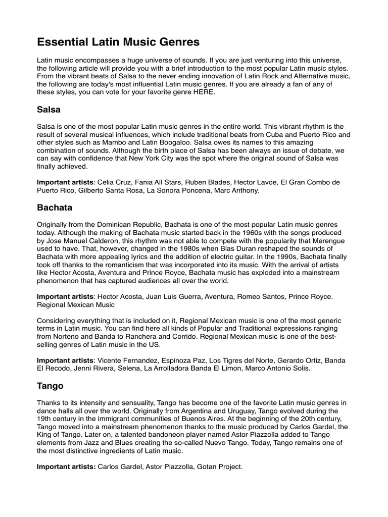 Essential Latin Music Genres | PDF | Tango | Spanish Language Music
