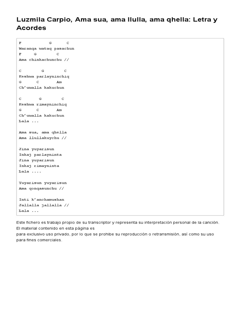 Luzmila Carpio, Ama Sua, Ama Llulla, Ama Qhella - Letra y Acordes | PDF