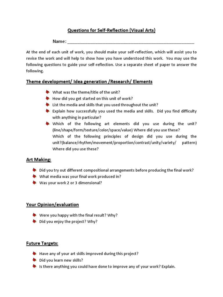Self Reflection Sheets - Art | PDF | Career & Growth | Teaching Methods ...