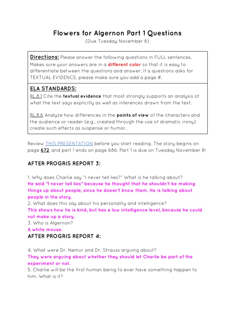 Flowers for Algernon Part 1 Questions | PDF | Self-Improvement