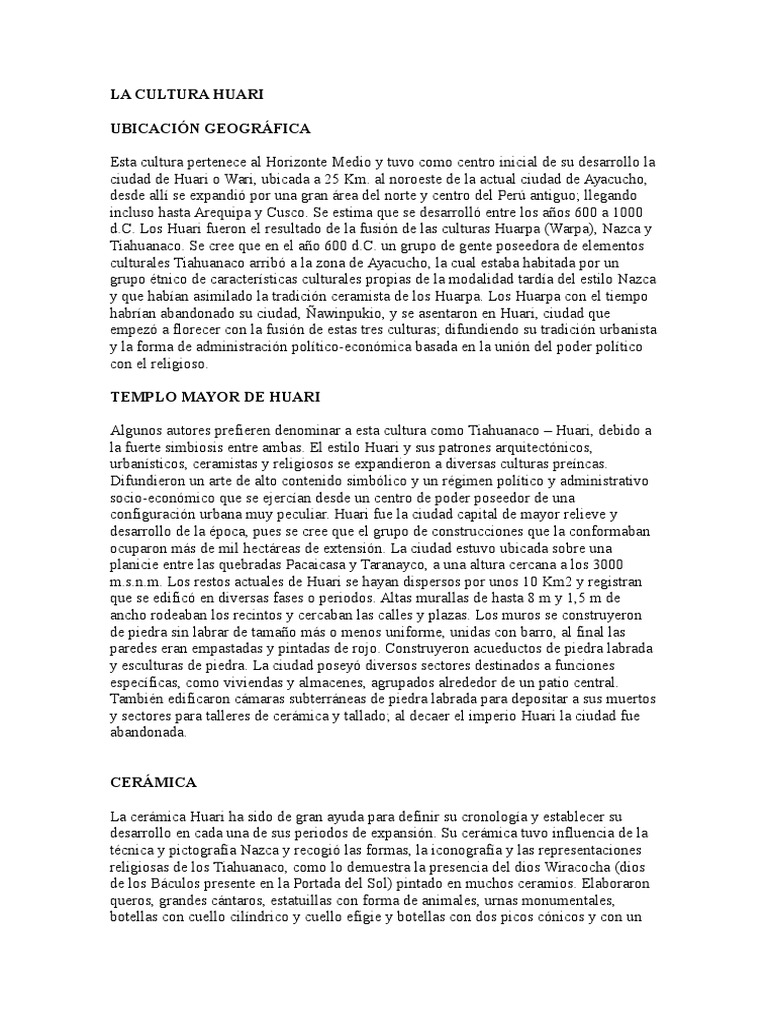 Cultura Huari: Historia y Aportes | PDF | Arqueología | Cultura (general)
