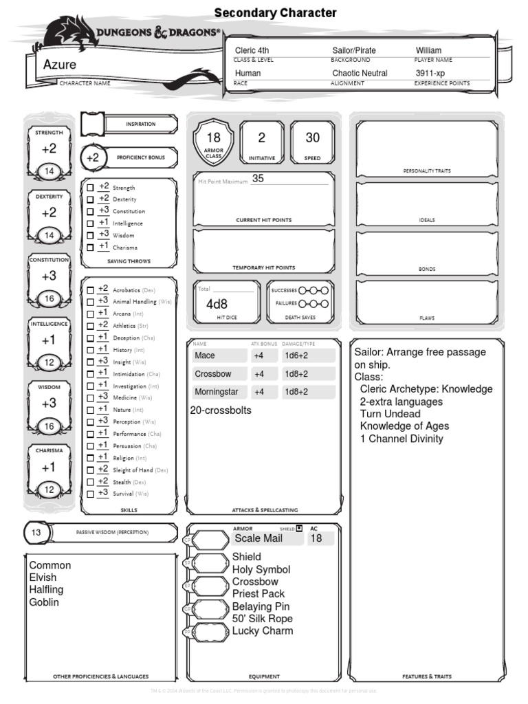Character Sheet Azure 4th Level Pirate Cleric | PDF | Magic (Paranormal ...