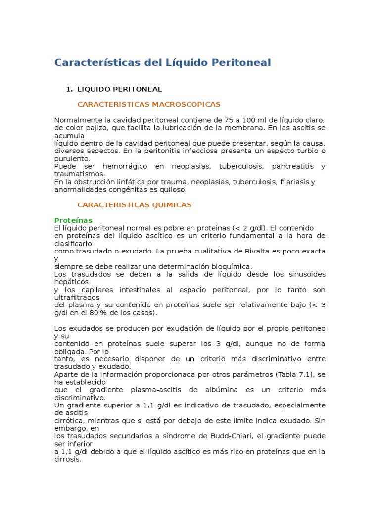 Características del Líquido Peritoneal | PDF | Fluido cerebroespinal ...