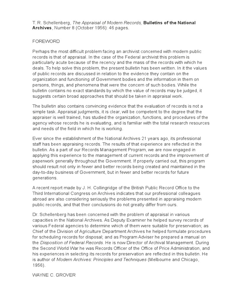 T. R. Schellenberg, The Appraisal of Modern Records | PDF | Archivist ...