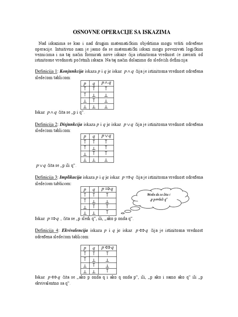 Osnovne Operacije Sa Iskazima PDF | PDF