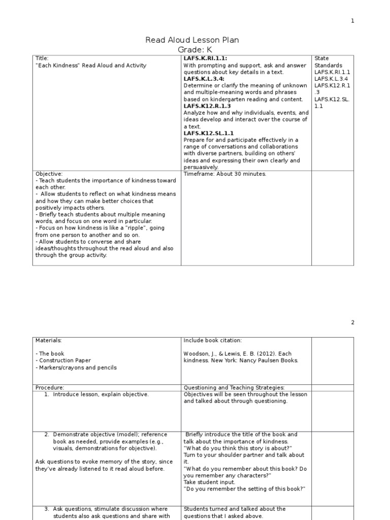 Each Kindness Read Aloud Lesson Plan | PDF | Lesson Plan | Education Theory