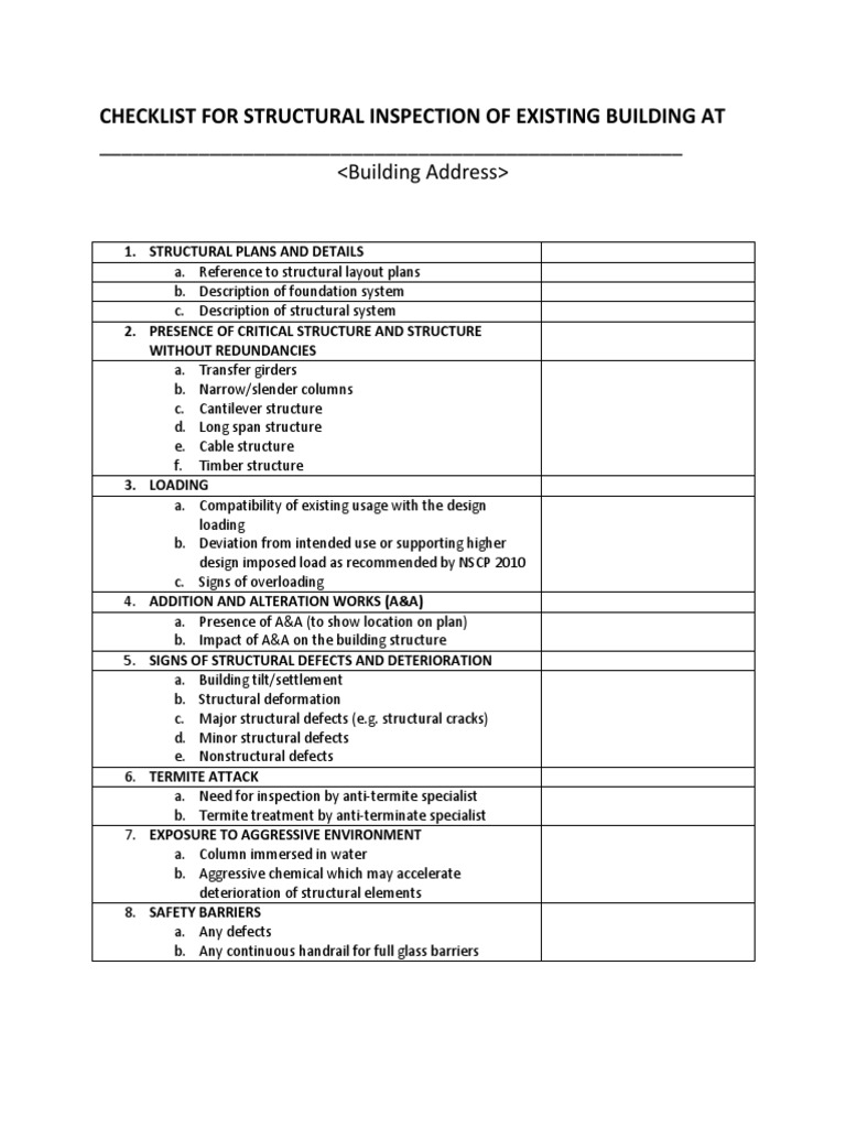 Checklist for Forensic Structural Engineering Inspection