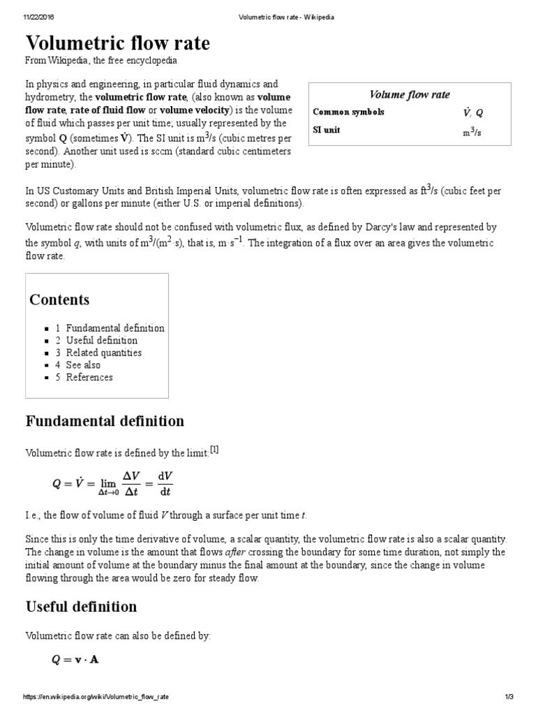 Volumetric Flow Rate - Wikipedia | Volume | Physical Quantities