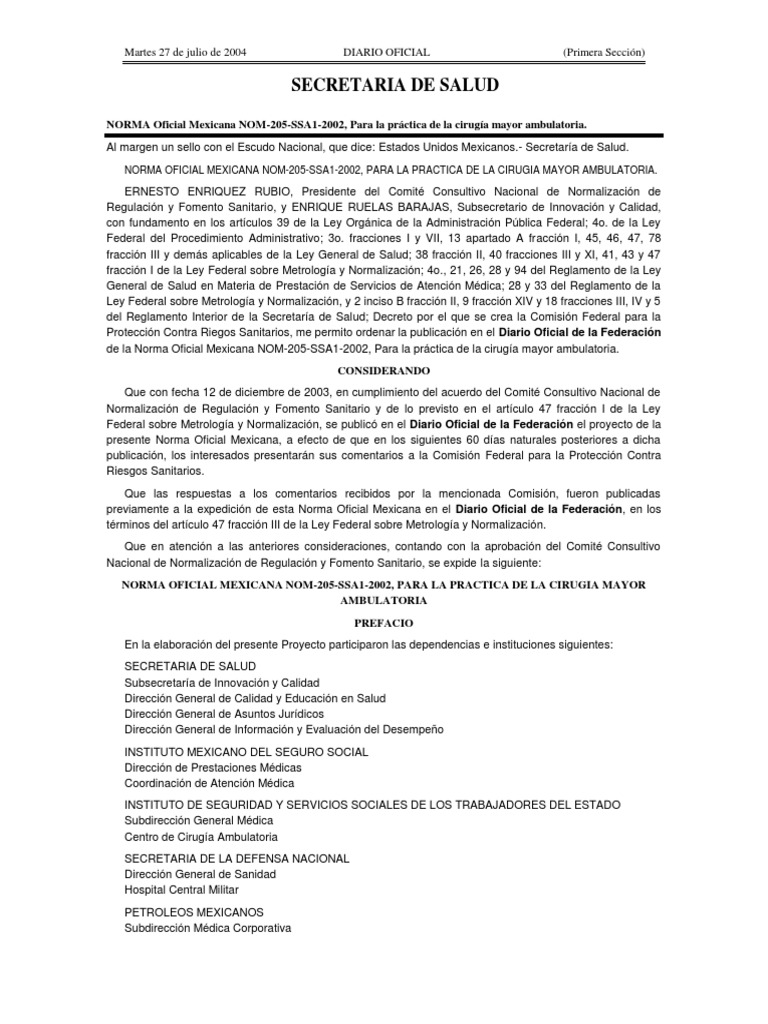 NOM-205-SSA1-2002, Práctica de La Cirugía Mayor Ambulatoria. | PDF ...