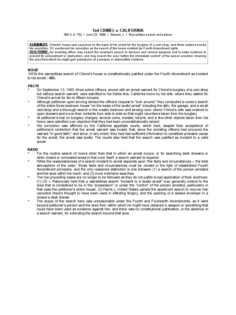 Chimel v. California | PDF | Search And Seizure | Search Warrant