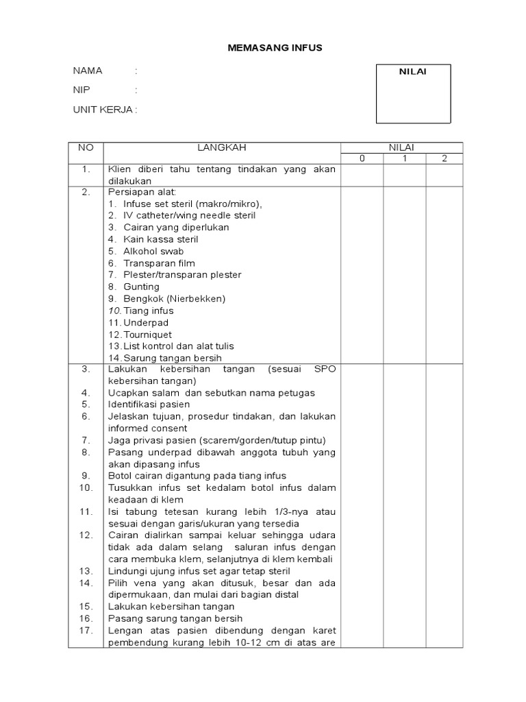 Prosedur OSCE Pemasangan Infus | PDF