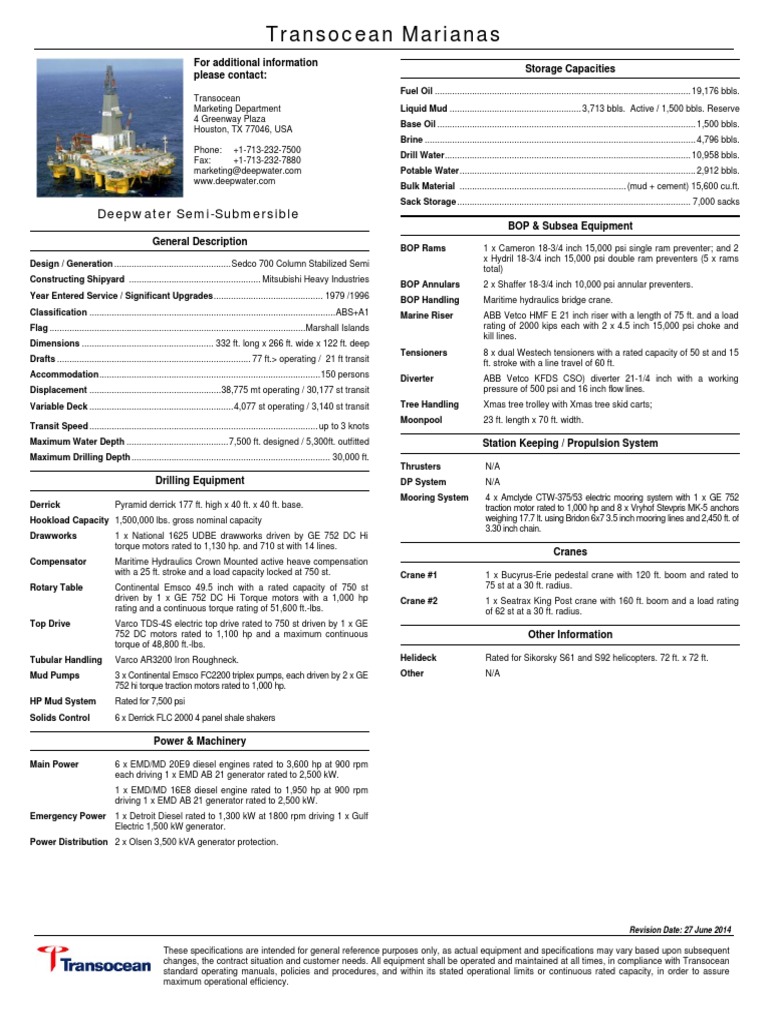 Transocean Marianas | PDF | Horsepower | Engines