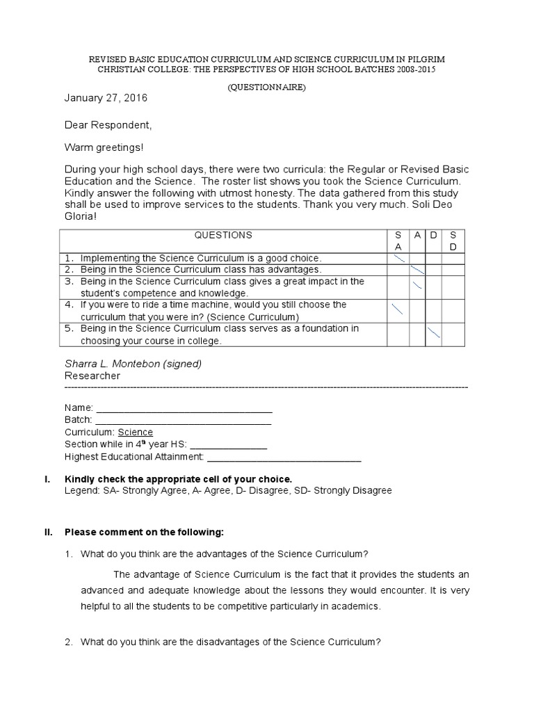 Science Curriculum Questionnaire101 | PDF