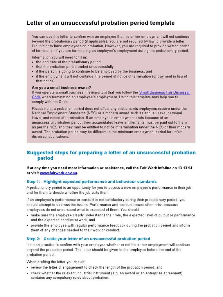Unsuccessful Probation Letter Template | Probation | Employment