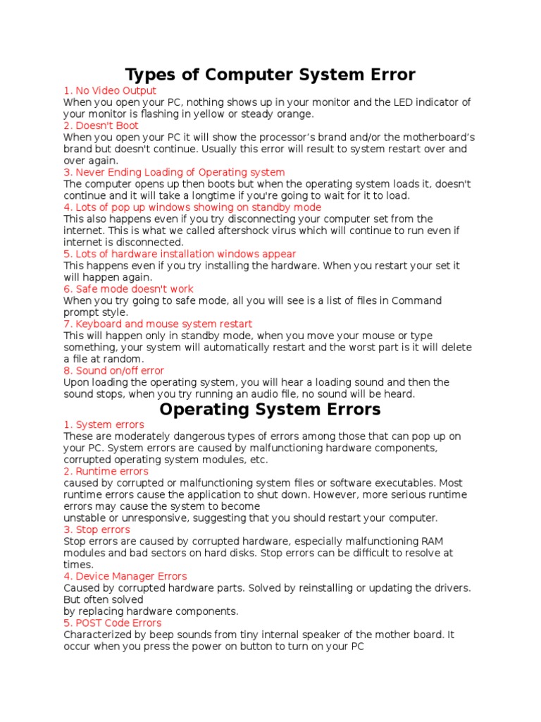 Types of Computer System Error | Download Free PDF | Computer Hardware ...