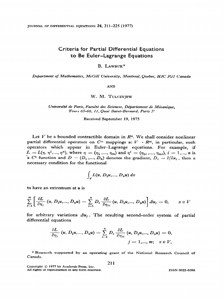 Criteria For Partial Differential Equations To Be Euler-Lagrange Equations | PDF | Euler ...