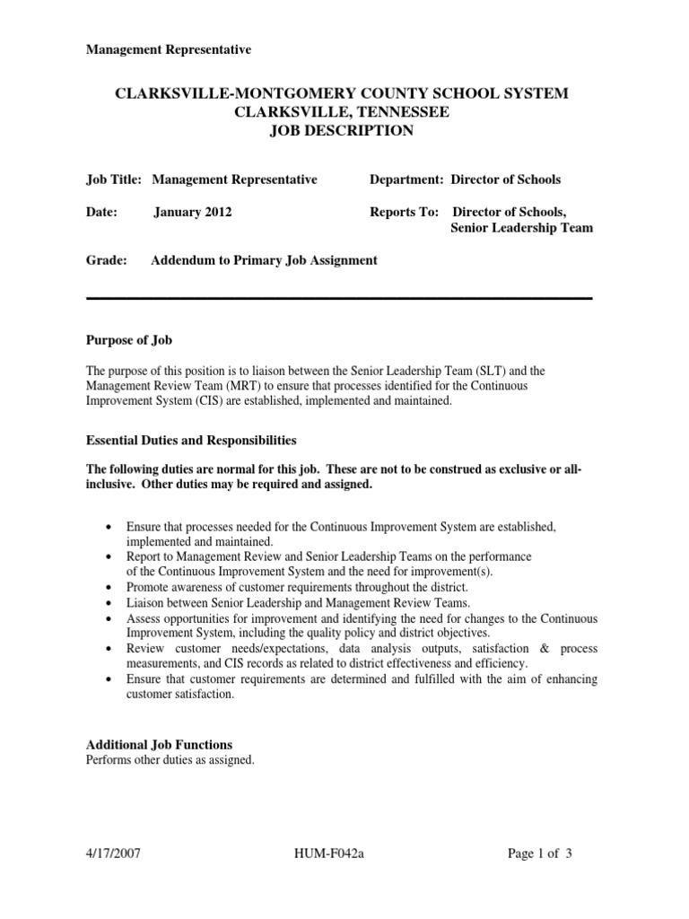 Management Representative | PDF | Employment | Leadership