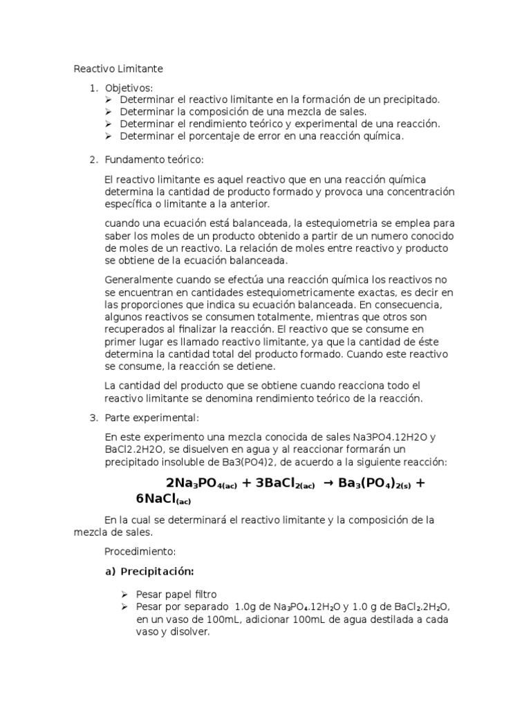 Reactivo Limitante 1 | PDF | Reacciones químicas | Procesos unitarios