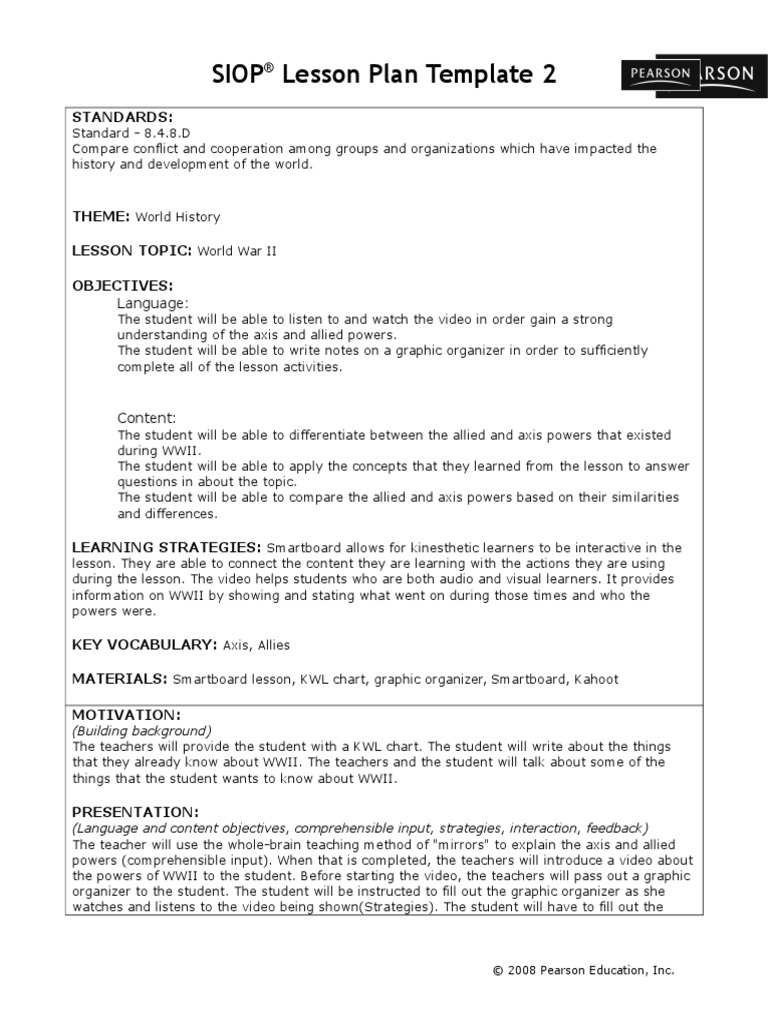 Siop Lesson Plan Template 2: Standards | PDF