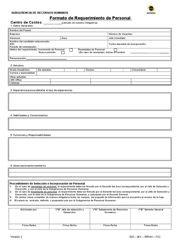 Formato de Requerimiento de Personal | Recursos humanos | Business