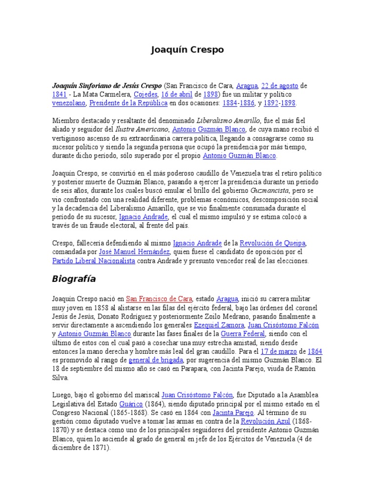 Biografia de Joaquin Crespo | PDF | Venezuela | Gobierno