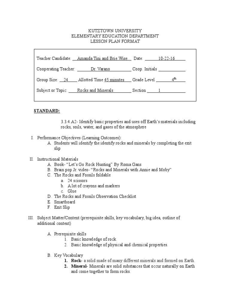4th Grade Rocks and Minerals Lesson Plan | PDF | Minerals | Educational ...