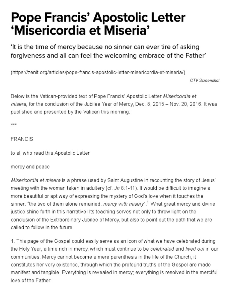 Pope Francis' Apostolic Letter Misericordia Et Miseria' | Download Free ...