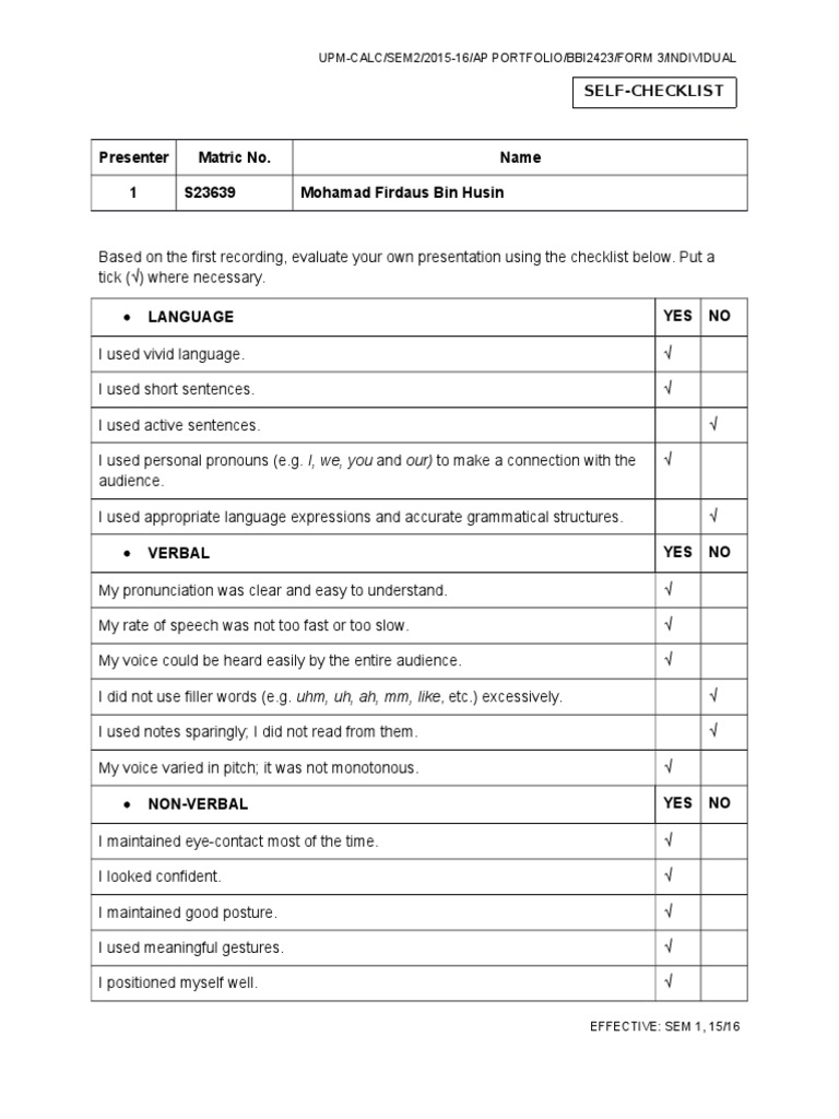 Self-Checklist: UPM-CALC/SEM2/2015-16/AP PORTFOLIO/BBI2423/FORM 3/INDIVIDUAL | PDF