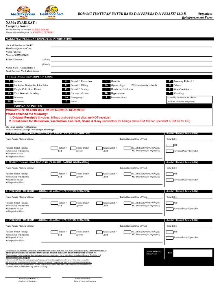 Reimbursement Claim Form - Outpatient | PDF | Epidemiology | Medicine