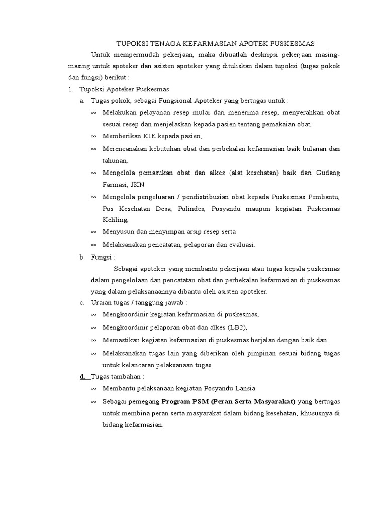 Tupoksi Tenaga Kefarmasian Apotek Puskesmas | PDF
