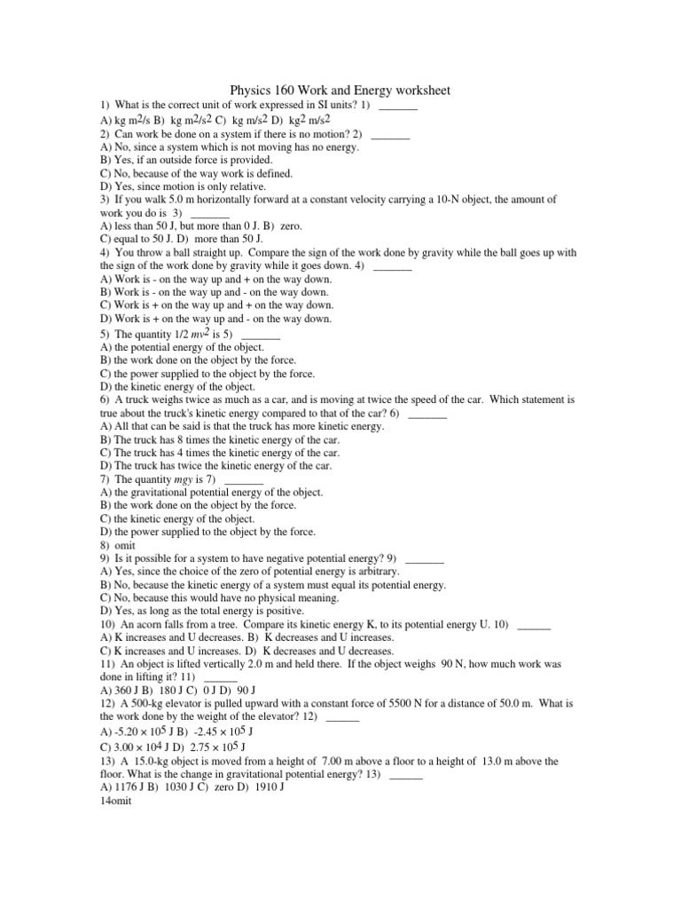 Work Physics Worksheet Work And Energy | Live Worksheets Worksheets