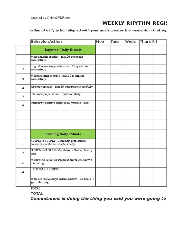 Weekly rhythm register | Religion And Belief | Religion & Spirituality
