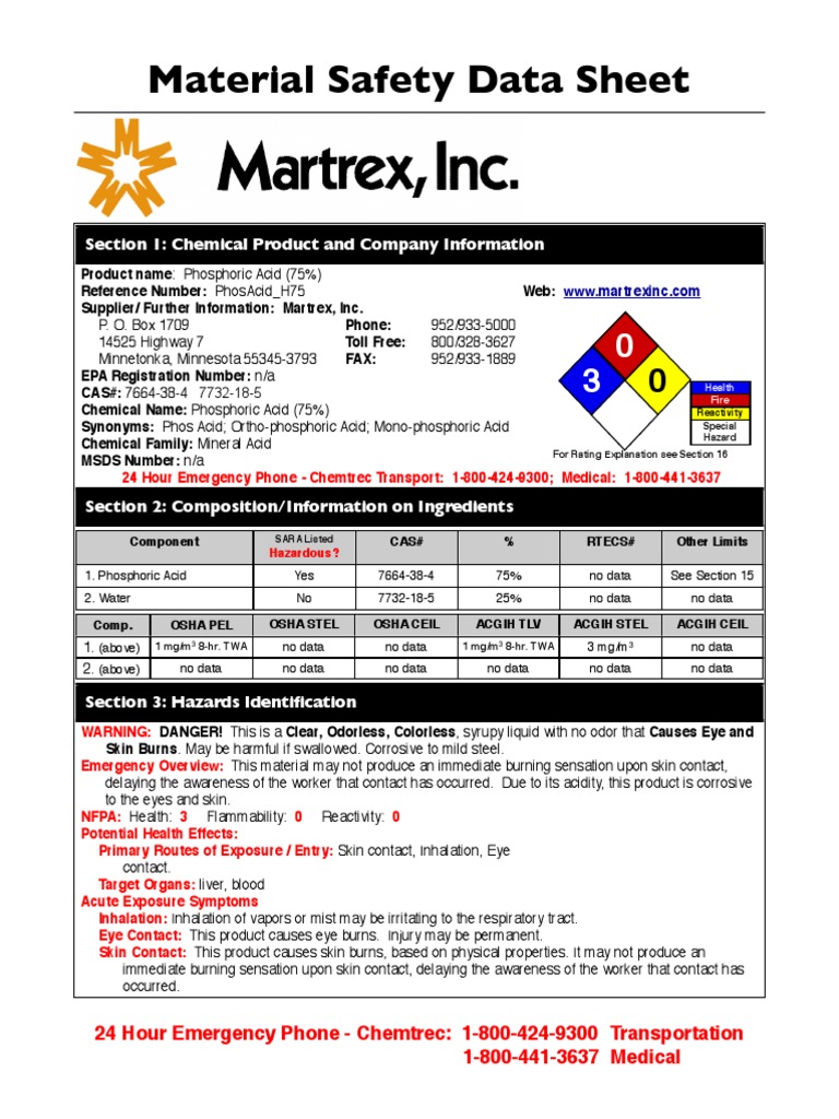 MSDS_Phosphoric Acid 75 | Toxicity | Dangerous Goods