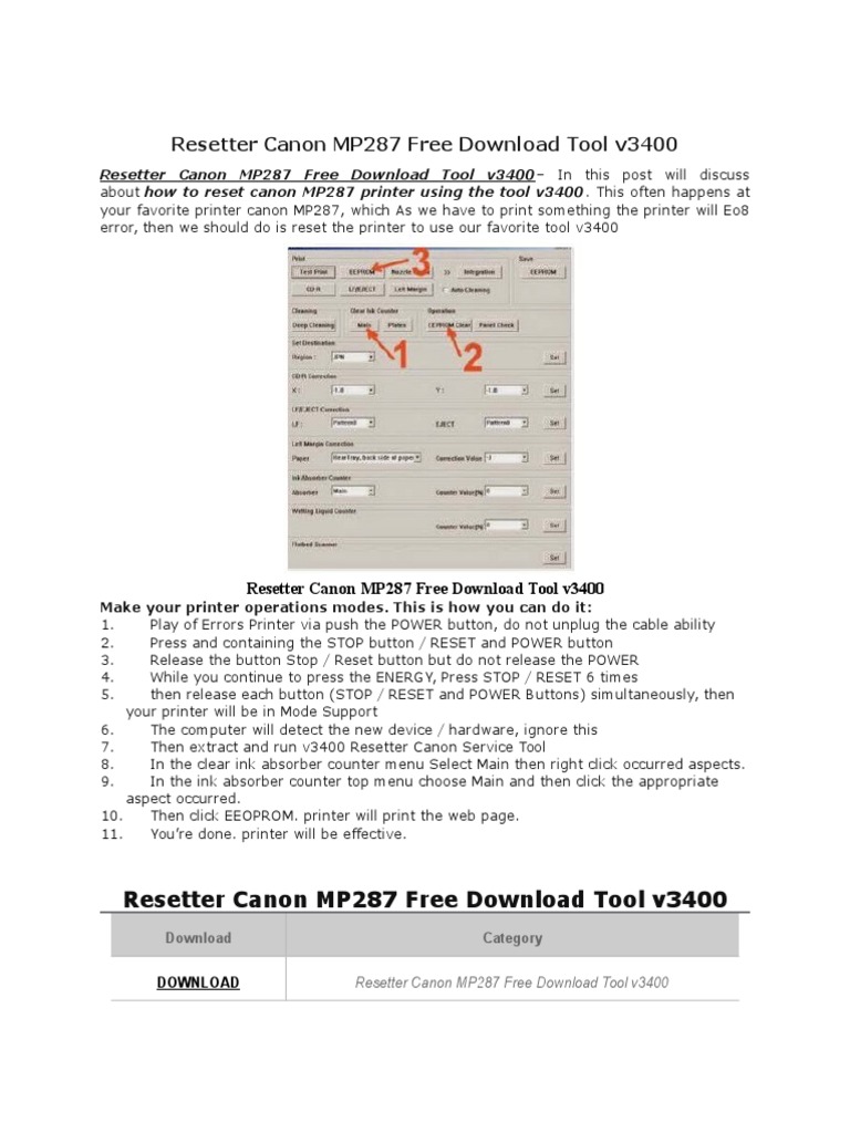 Resetter Canon MP287 Free Download Tool v3400 | PDF | Printer (Computing) | Office Equipment