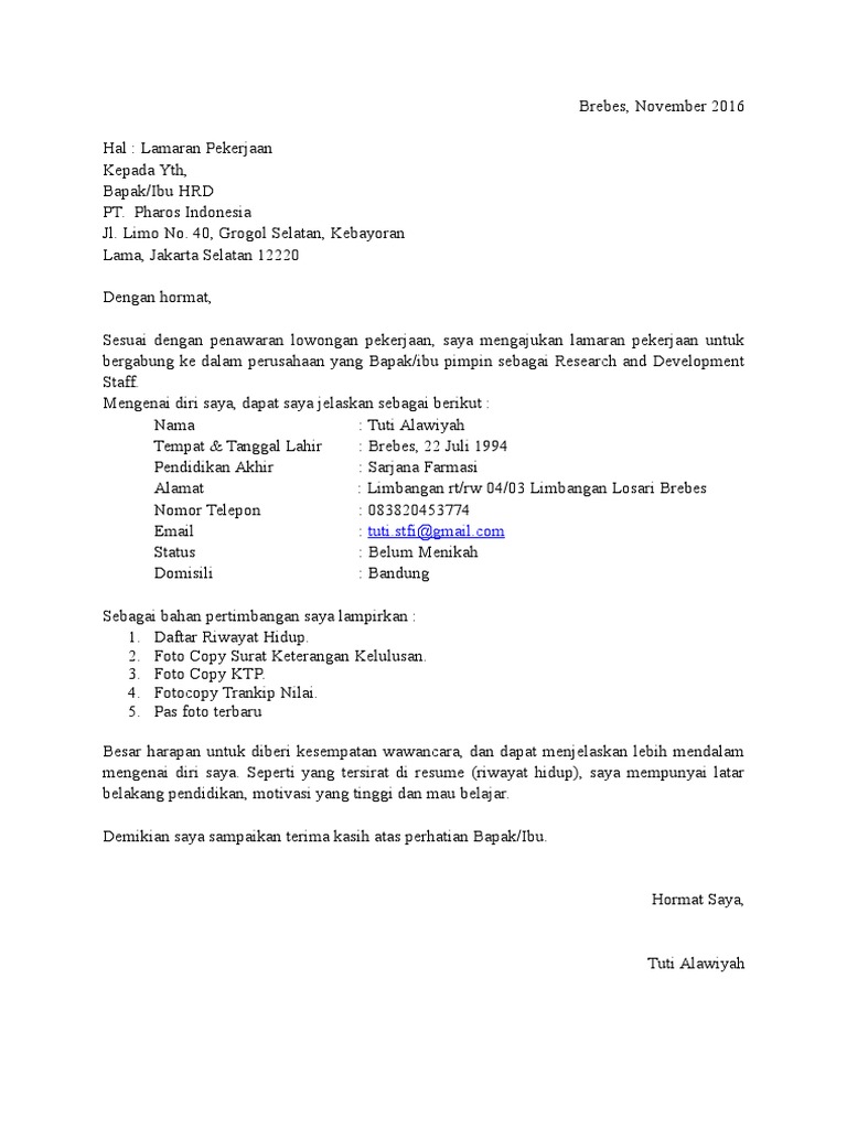 Surat Lamaran Pharos | PDF | Karier & Perkembangan