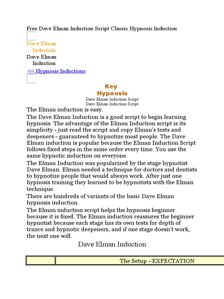Dave Elman Induction Hypnosis Induction Script | Hypnosis | Relaxation ...
