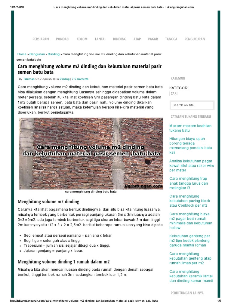 Cara Menghitung Volume m2 Dinding Dan Kebutuhan Material Pasir Semen ...