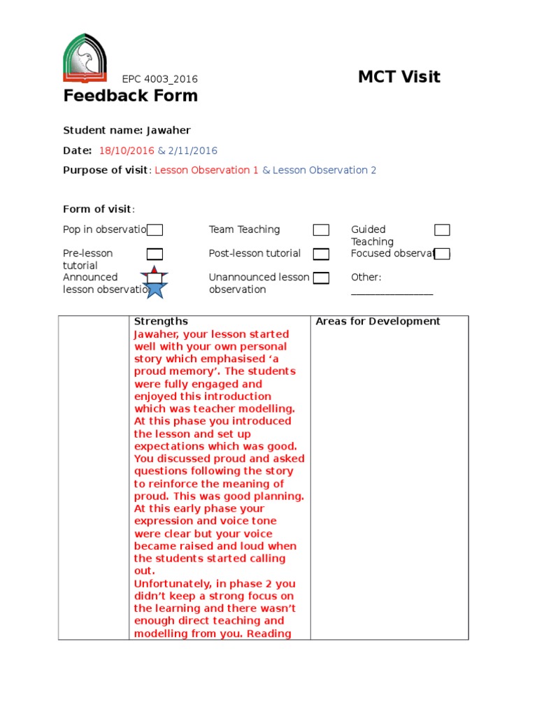 Jawaher Visit Feedback 2 | PDF | Lesson Plan | Educational Assessment