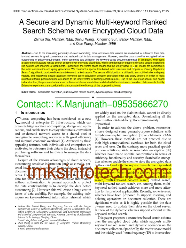 A Secure And Dynamic Multi Keyword Ranked Search Scheme Over Encrypted Cloud Data Pdf Search