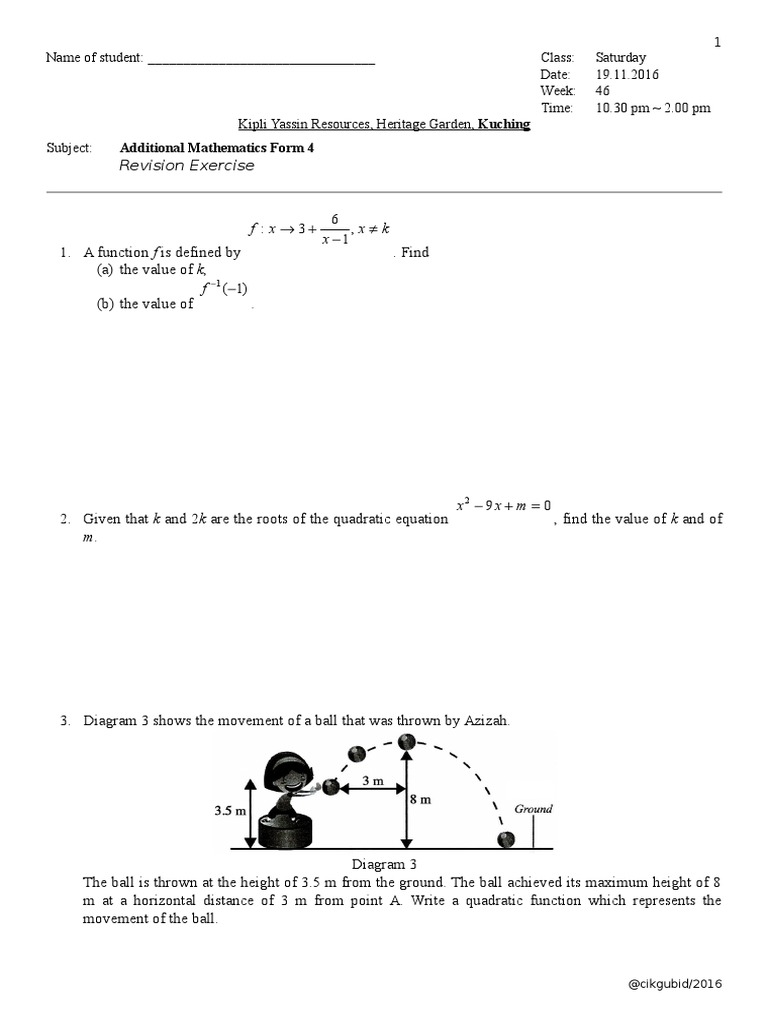 AddMaths Form 4 Revision Exercise | PDF | Area | Quadratic Equation