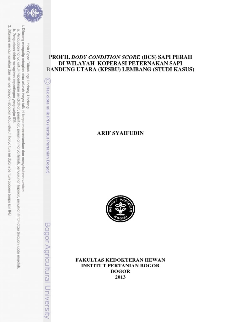 Profil Body Condition Score (Bcs) Sapi Perah Di Wilayah Koperasi ...