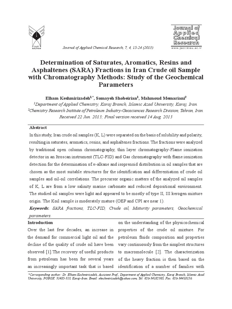 Determination of Saturates, Aromatics, Resins and Asphaltene | PDF ...