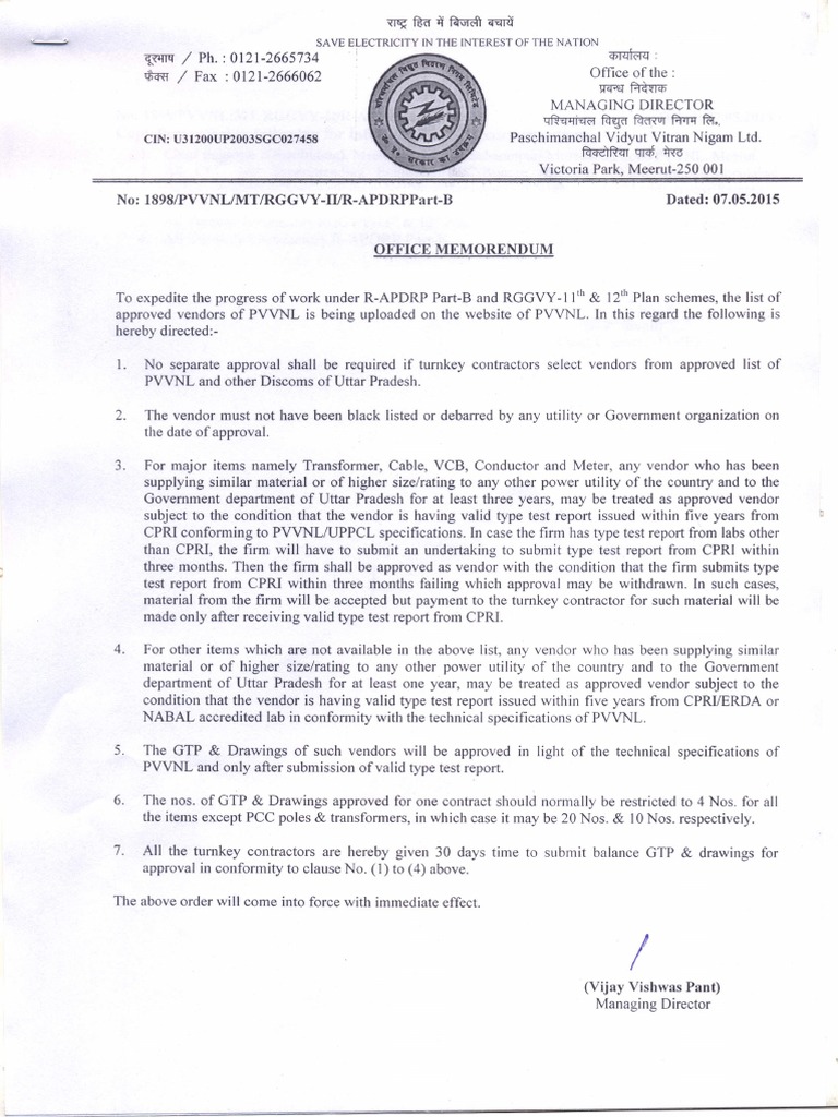 Approved Vendor List PVVNL | PDF